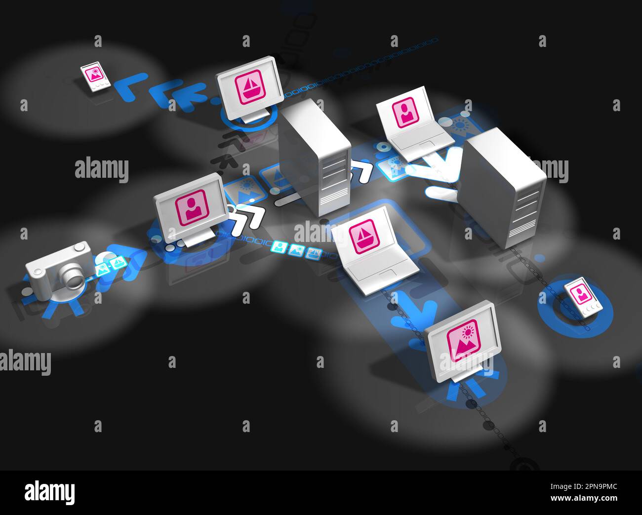 Computers on network on white background with blue graphics Stock Photo ...