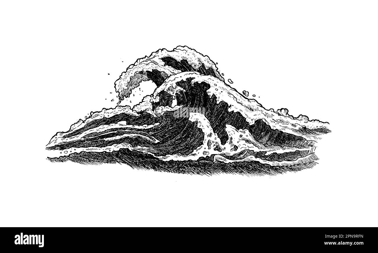 Sea wave sketch. Vintage hand drawn ocean tidal storm waves isolated on ...