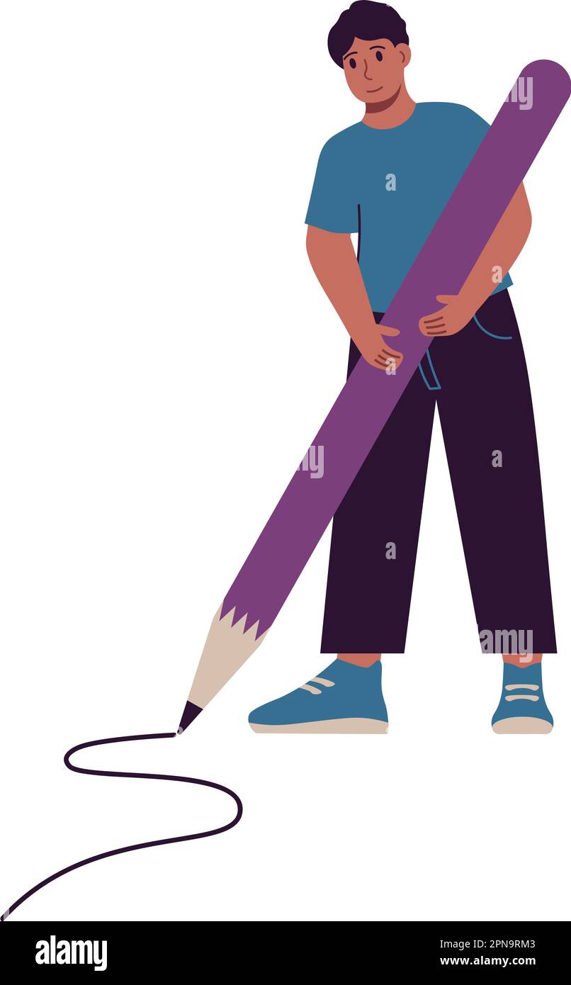 Student Boy With Big Pencil Writing. Vector Concept Illustration In ...