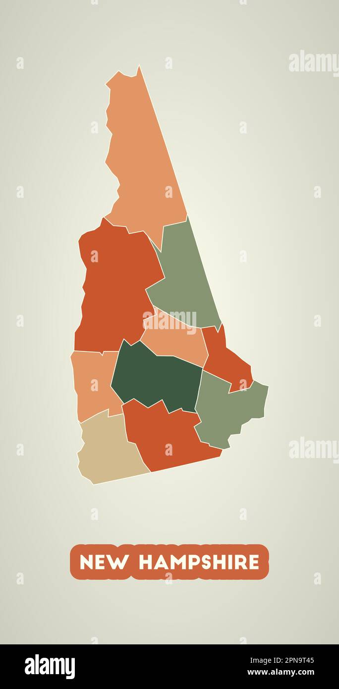 New Hampshire poster in retro style. Map of the US state with regions ...