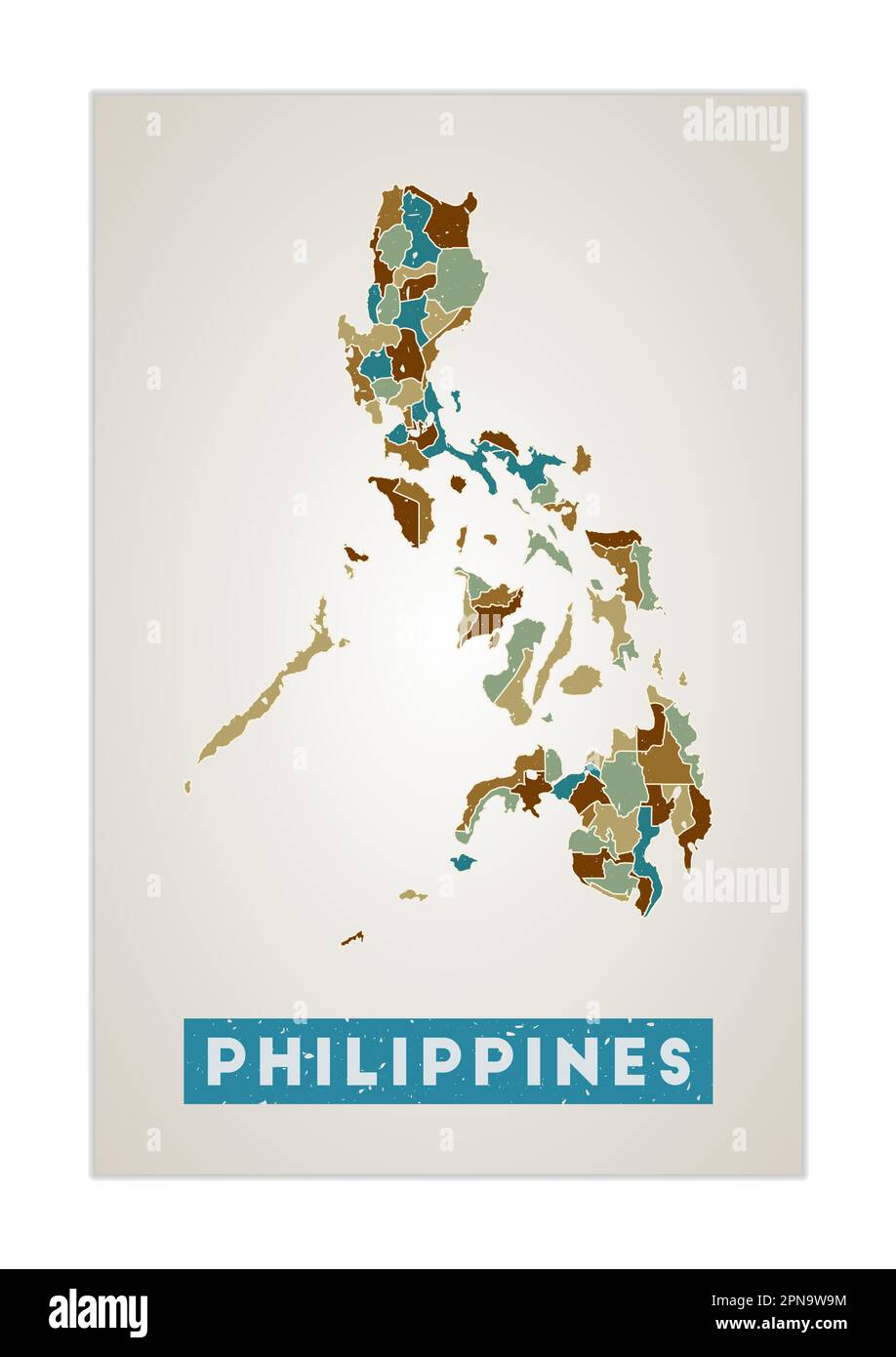Philippines map. Country poster with regions. Old grunge texture. Shape ...