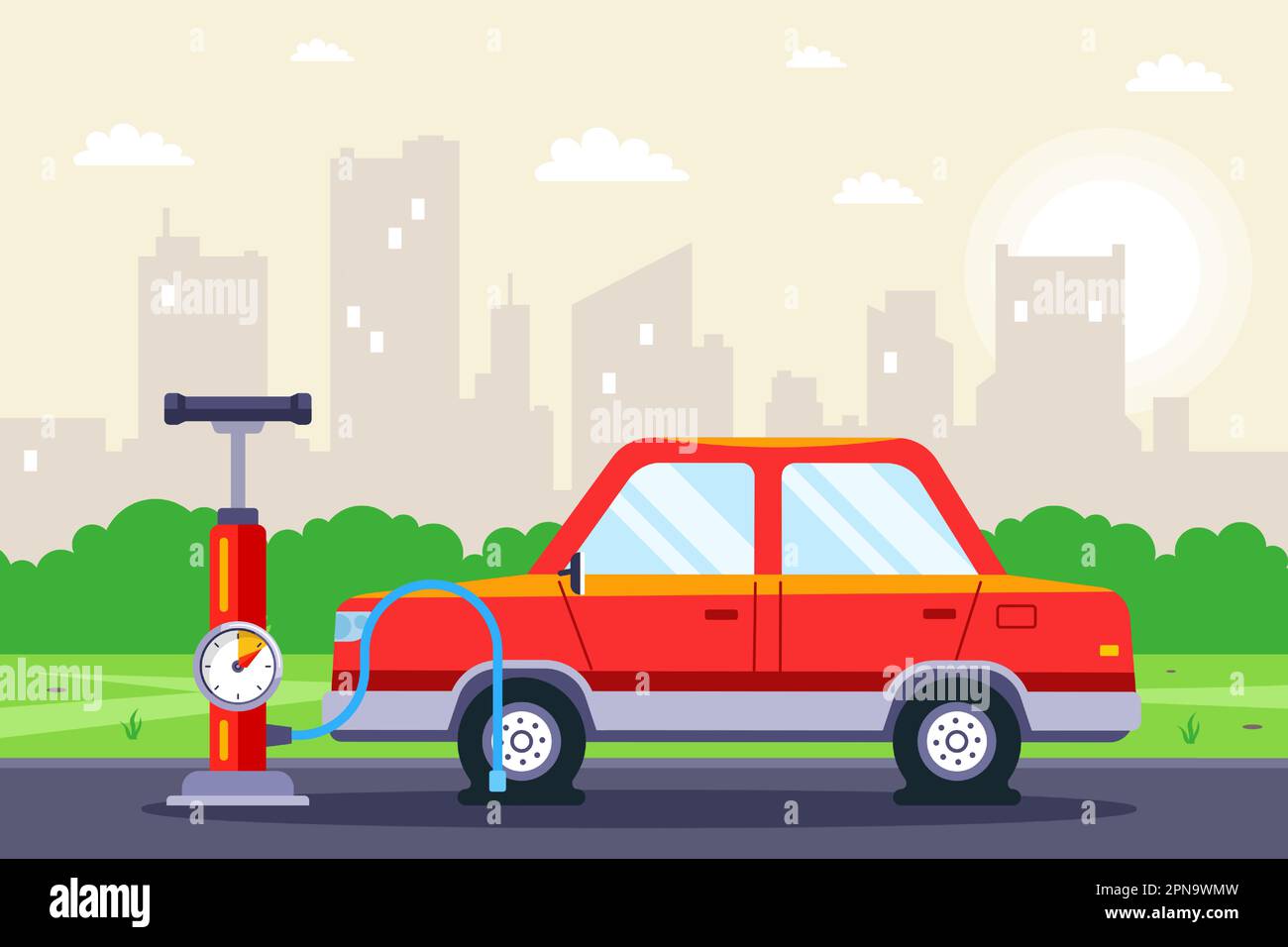 inflate the wheel of the car with a pump on the track. flat vector ...