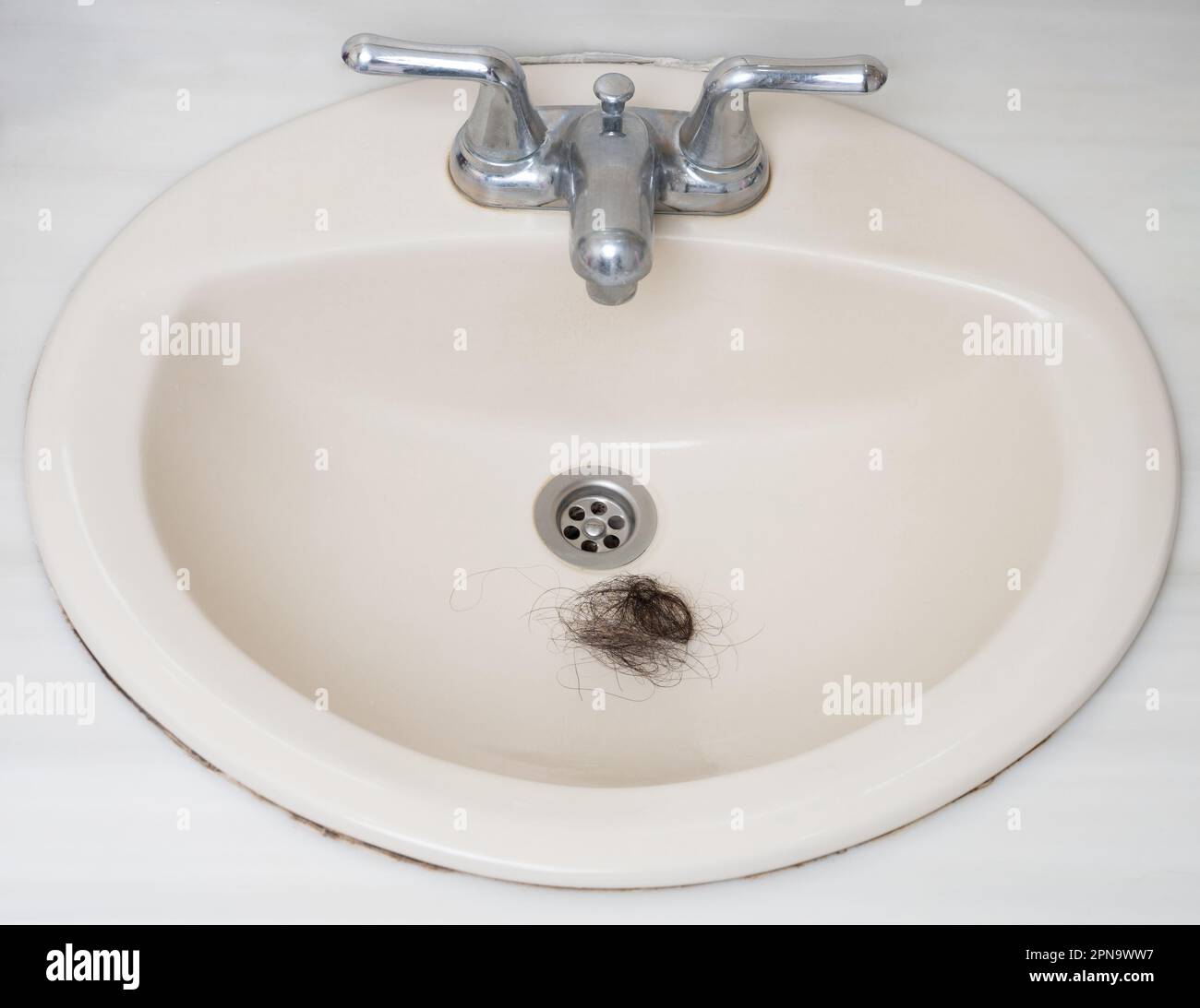 Messy hair clump in empty clean sink close up view Stock Photo - Alamy