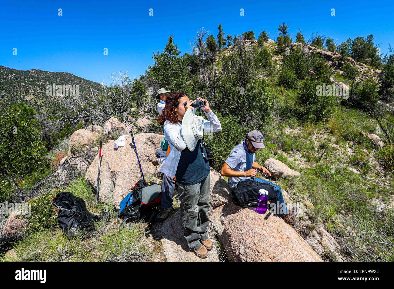 Cecilia Ochoa, a biologist, observes through vinoculars while the rest ...