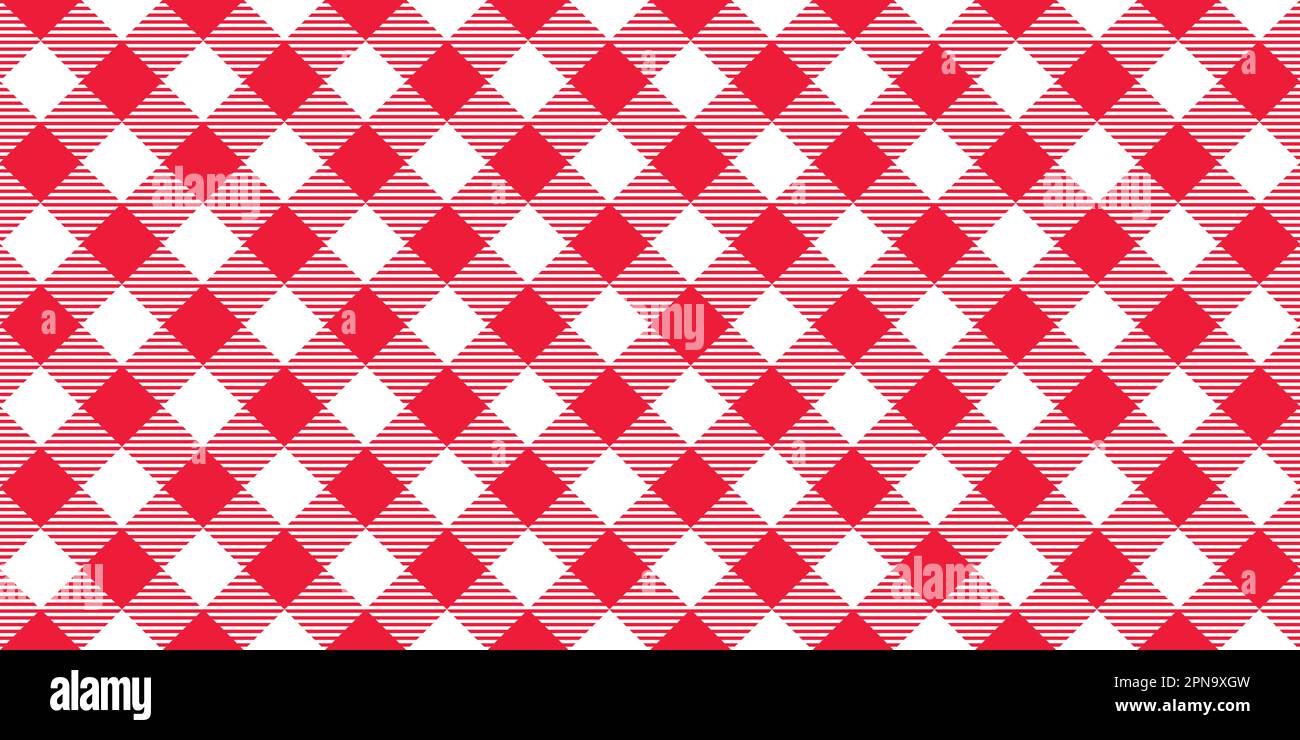 Seamless diagonal gingham pattern. Red and white slanted vichy cage background. Checked tweed ...