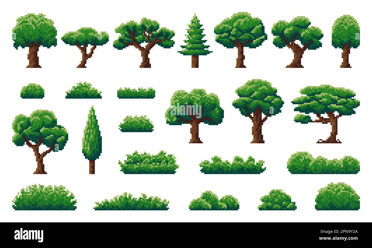 Pixel Forest And Jungle Trees Shrub Grass And Herb Plants Of 8 Bit Video Game Nature Asset