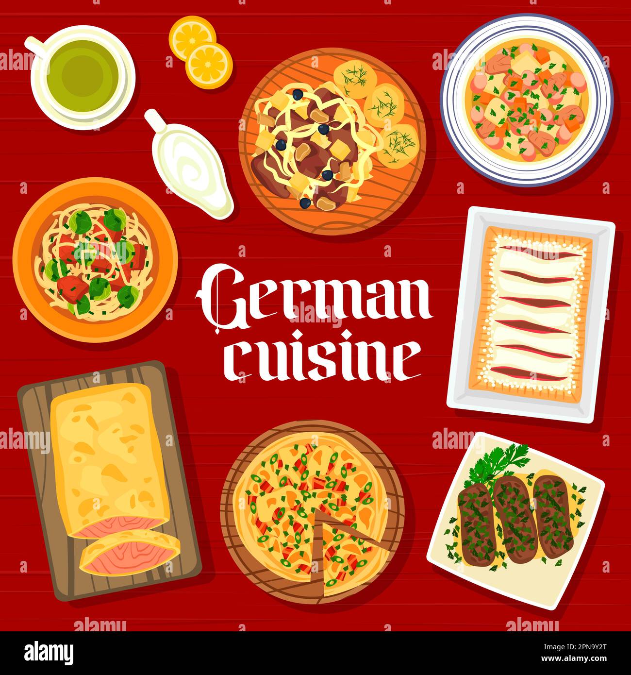 German cuisine restaurant menu cover. Cherry strudel, salmon fish and ...