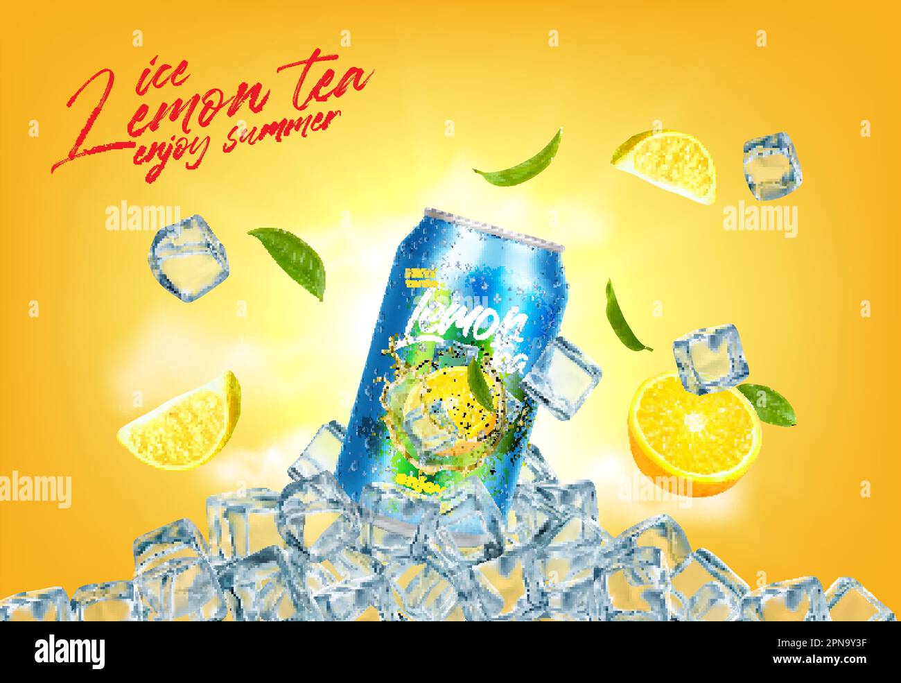 Lemon drink can with crystal ice cubes, ice lemon tea beverage, vector ...
