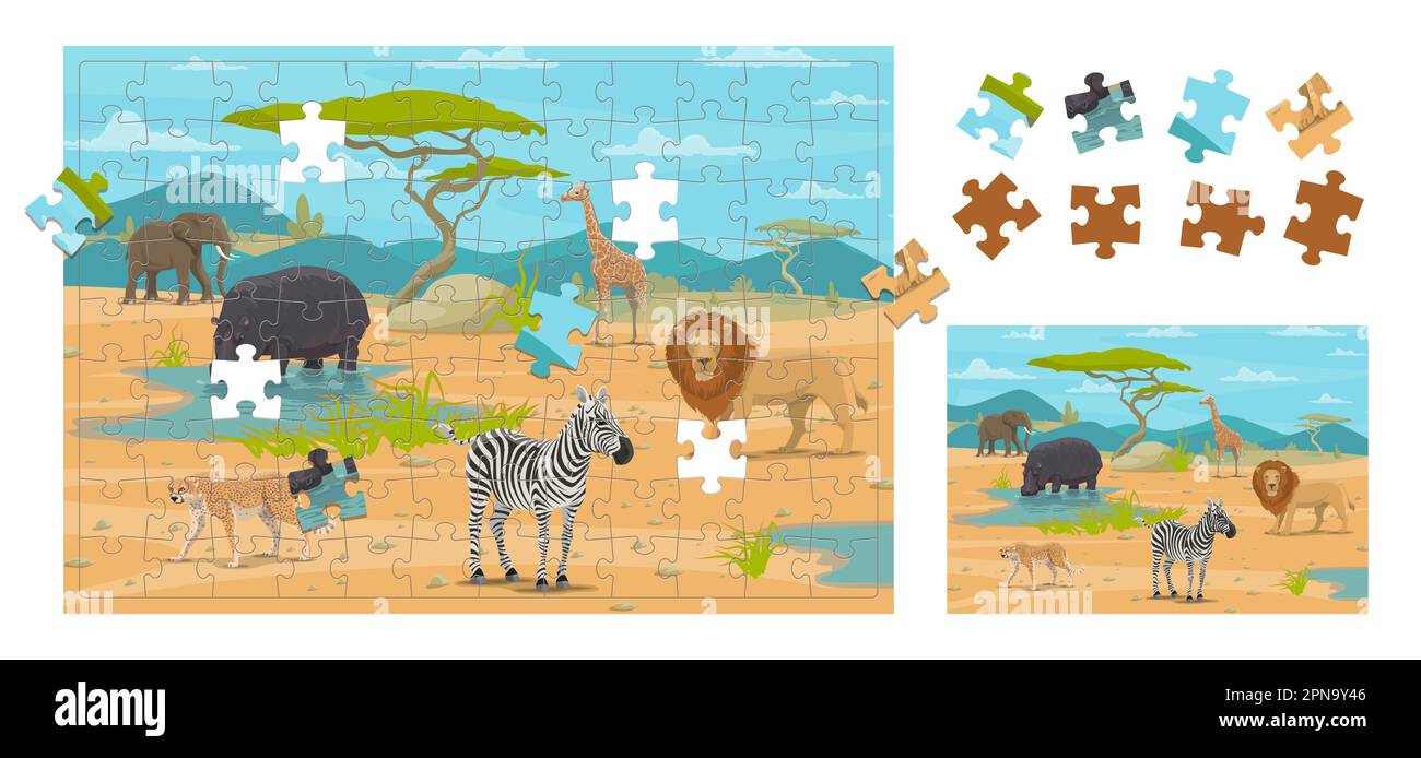 Cartoon african savannah animals. Jigsaw puzzle game pieces. Kids ...