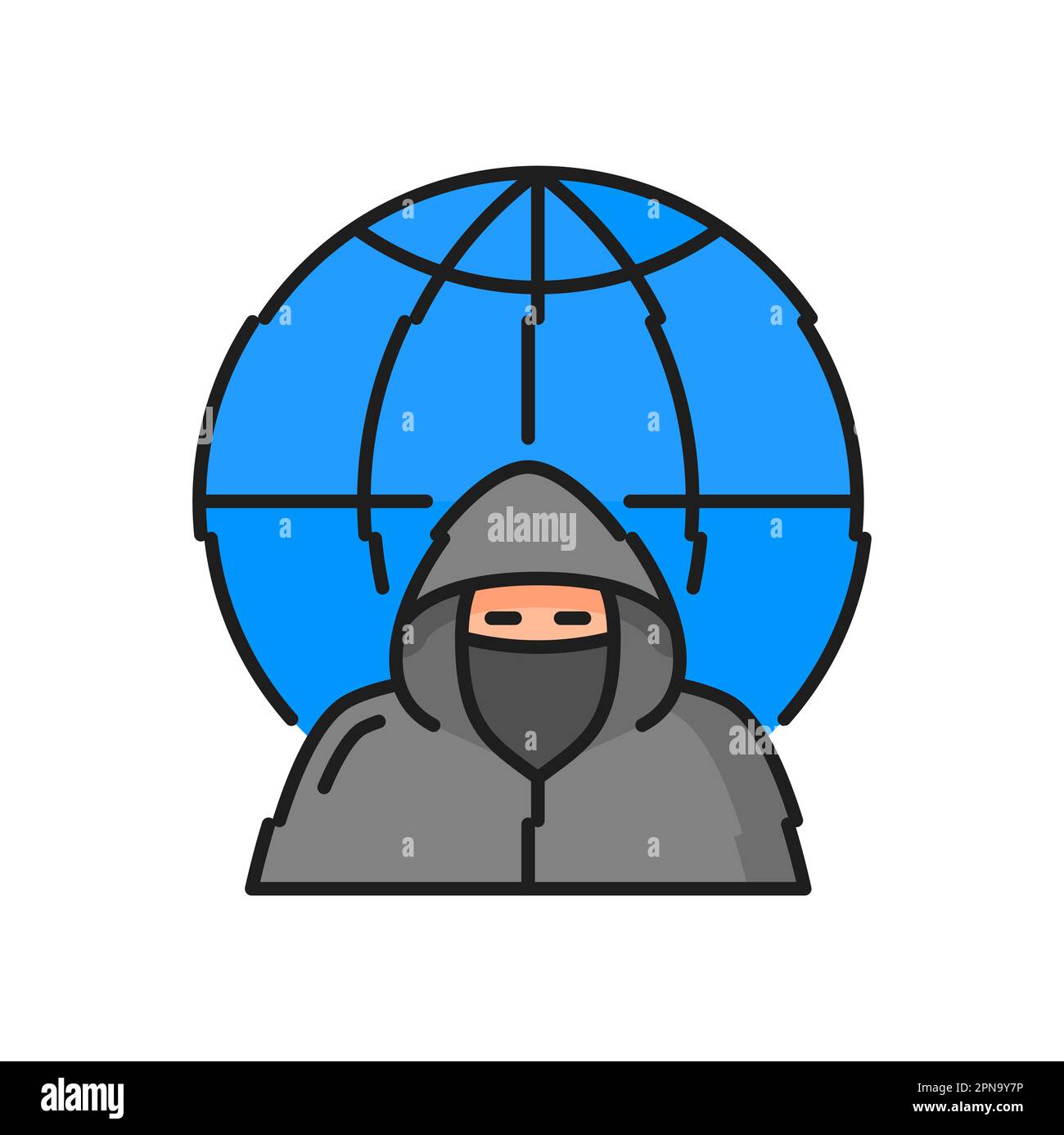 Hackers threat warning, man figure and terrestrial globe. Vector cyber ...