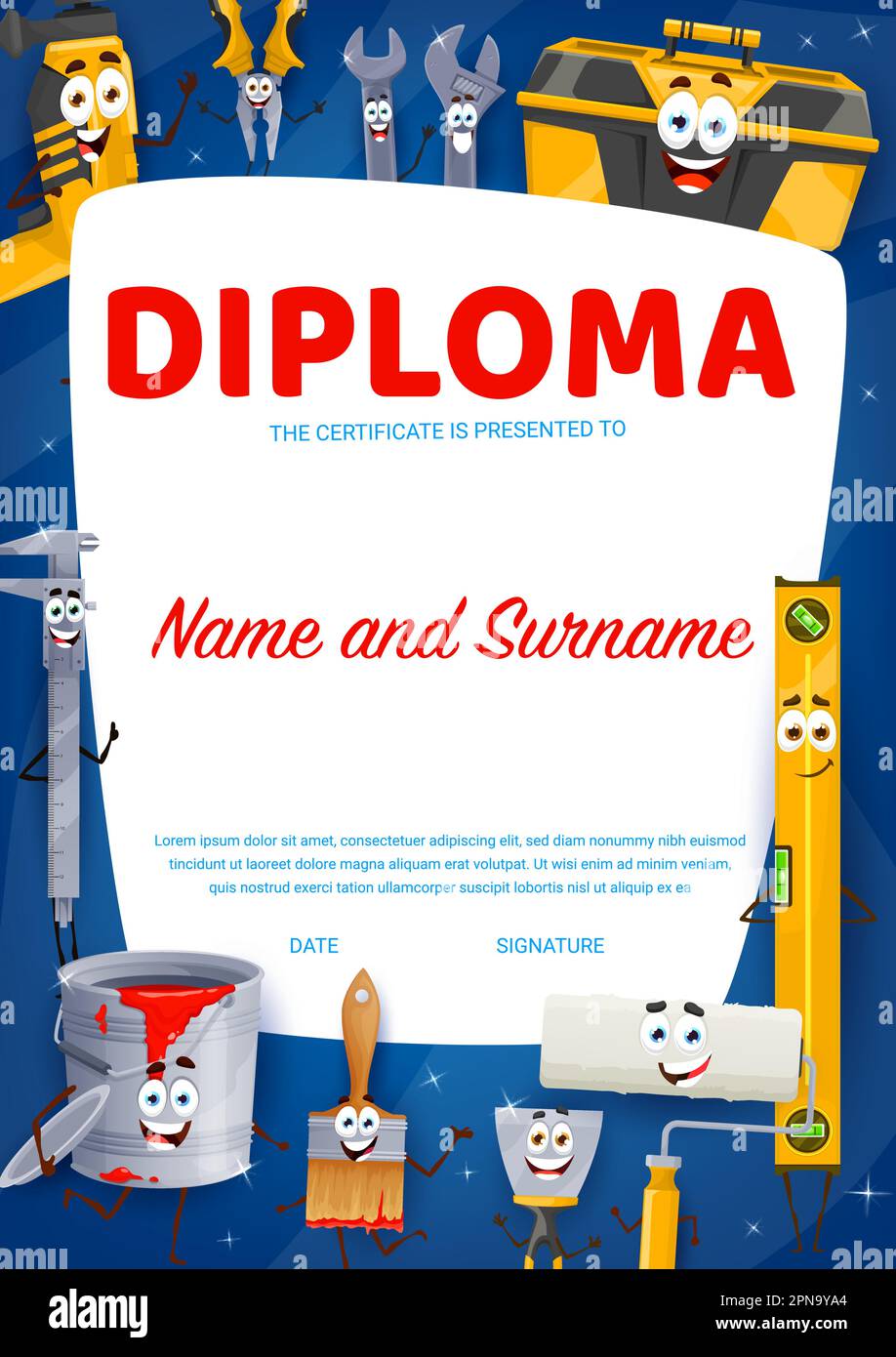 Kids diploma. DIY and repair tools cartoon characters vector ...