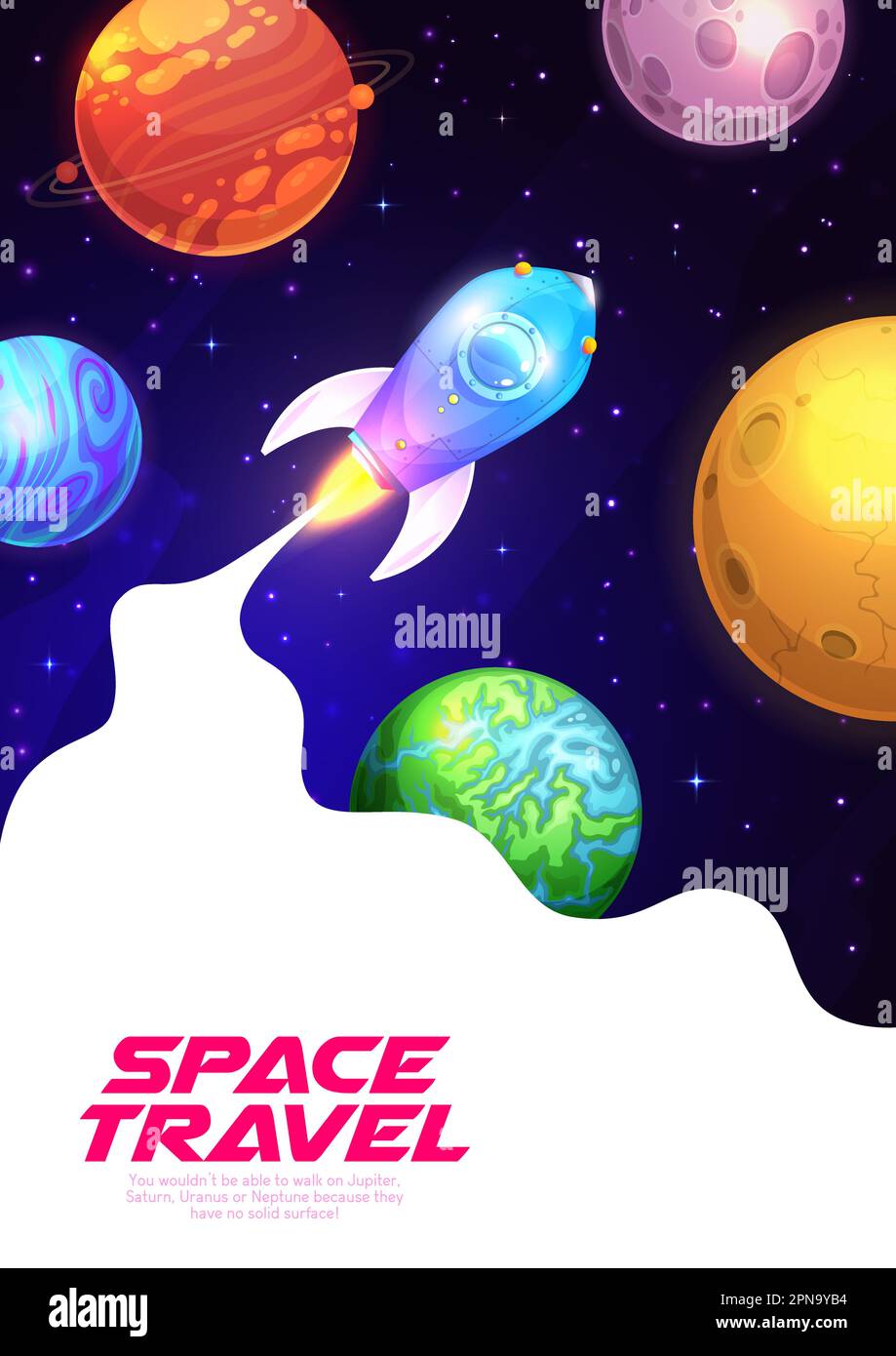 Space travel poster with starship and galaxy planets, vector cartoon ...
