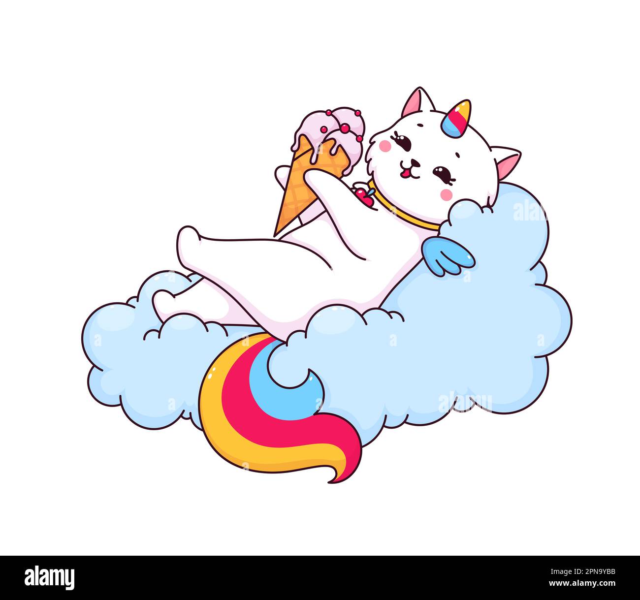 Cartoon caticorn character on cloud with ice cream. Happy unicorn cat ...