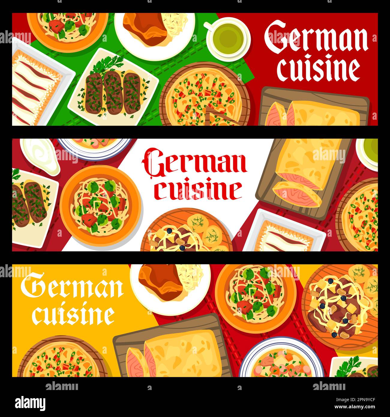 German cuisine restaurant meals banners. Salmon fish pie, ribs with ...
