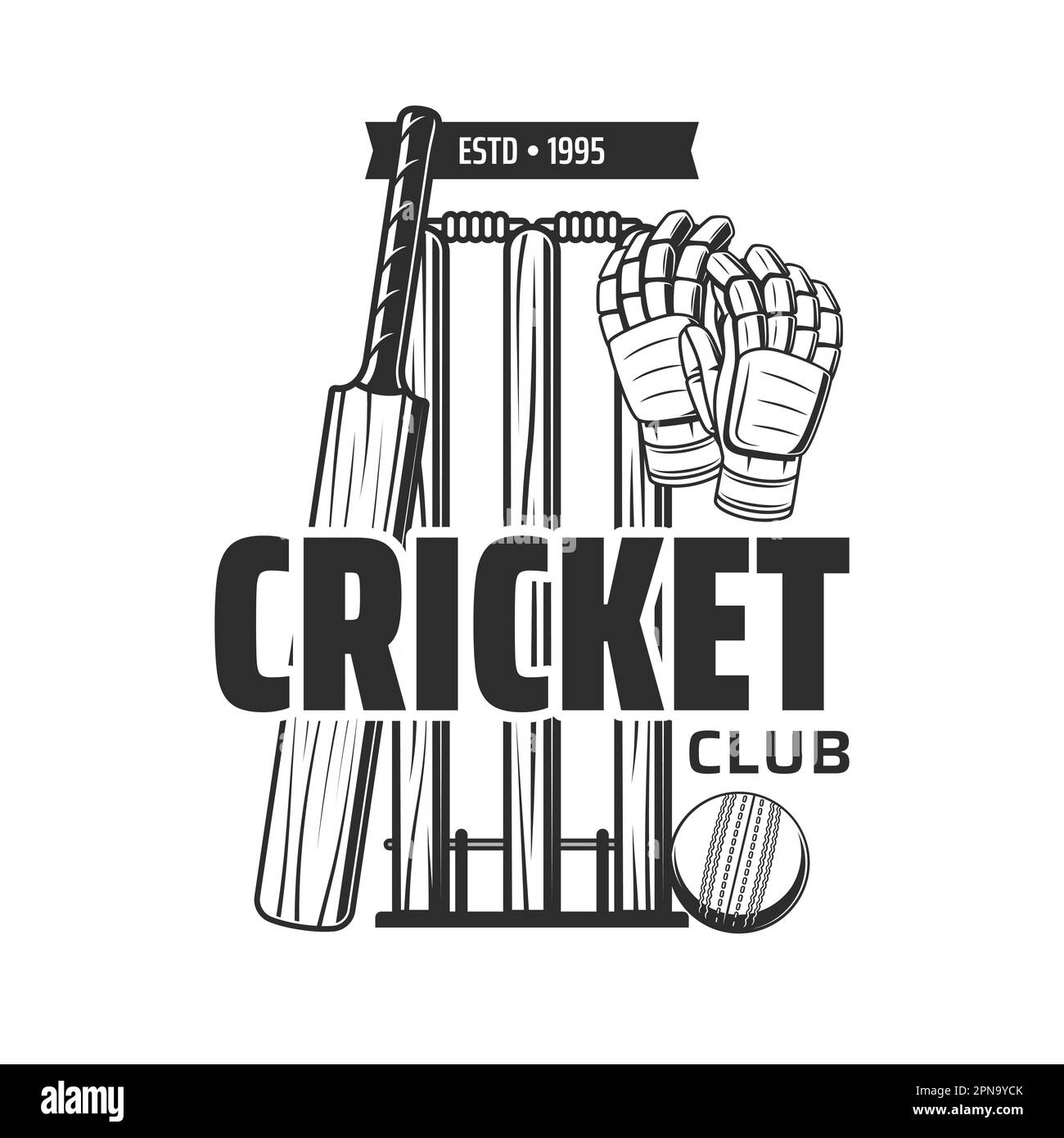 Cricket sport items icon. Cricket club or team monochrome vector emblem ...