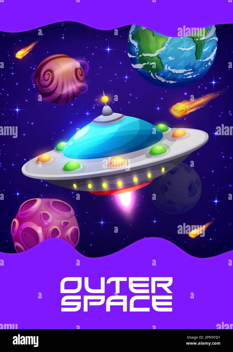 Space poster with UFO and galaxy planets, vector astronomy science and ...