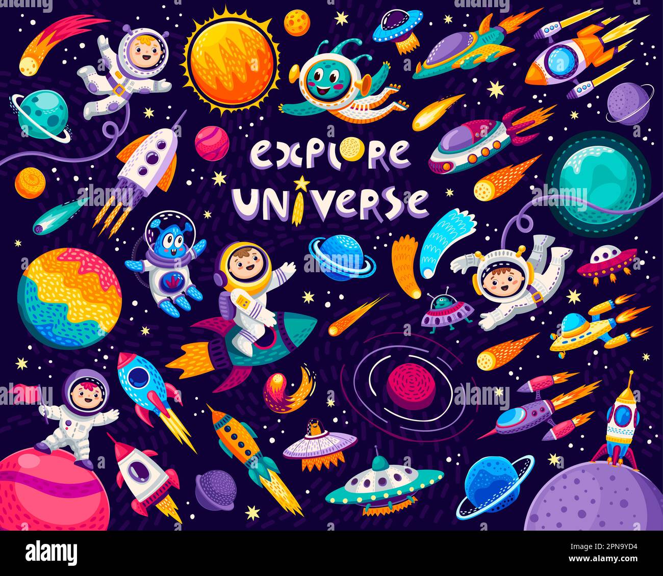 Cartoon kids space and galaxy, astronauts, planets and rockets. Vector ...