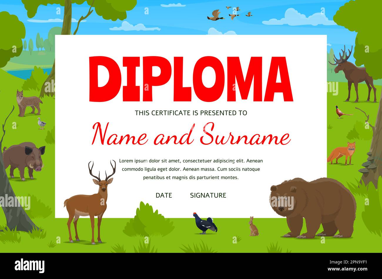 Conservationist or hunter diploma. Cartoon forest animals and birds ...
