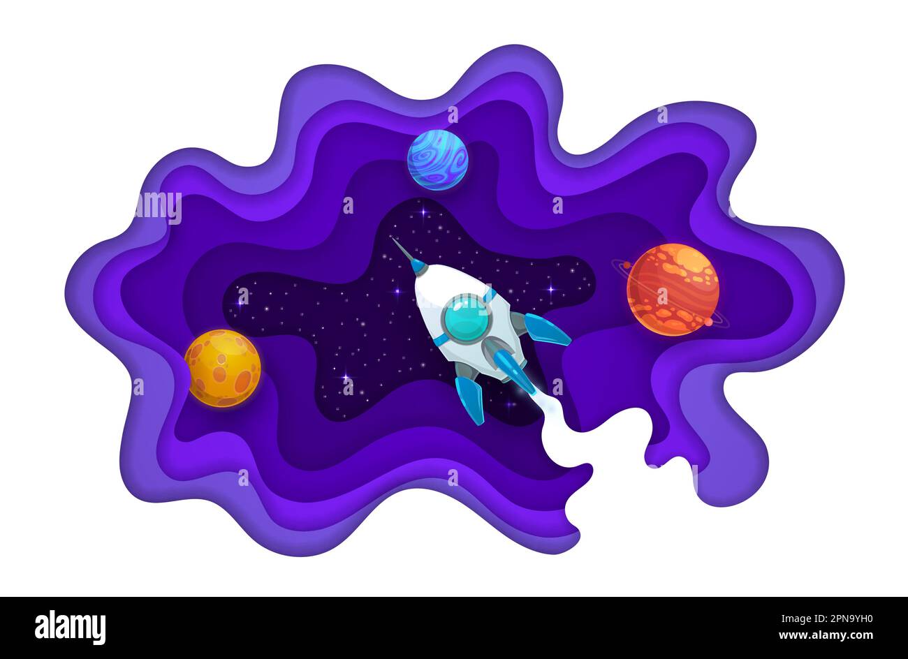 Space paper cut. Space rocket, planets and starry galaxy universe ...