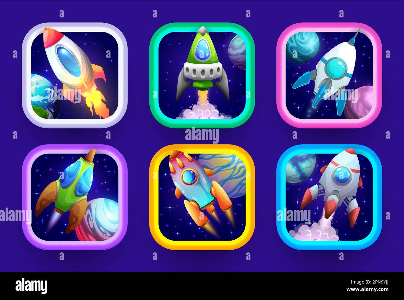 Cartoon space game app icons with rockets and spaceship, vector button ...