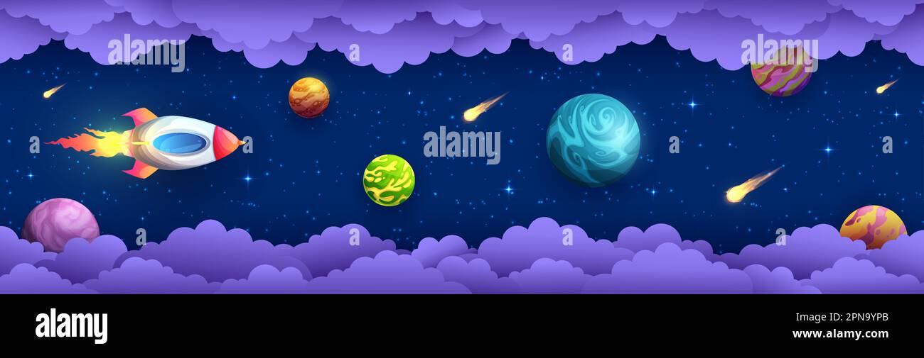 Space paper cut. Flying rocket in galaxy universe vector banner with ...
