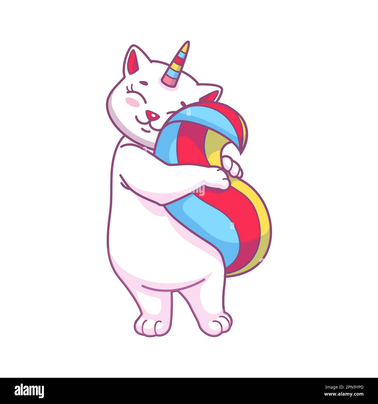 Cute funny cartoon caticorn character hugging its rainbow tail. Unicorn ...