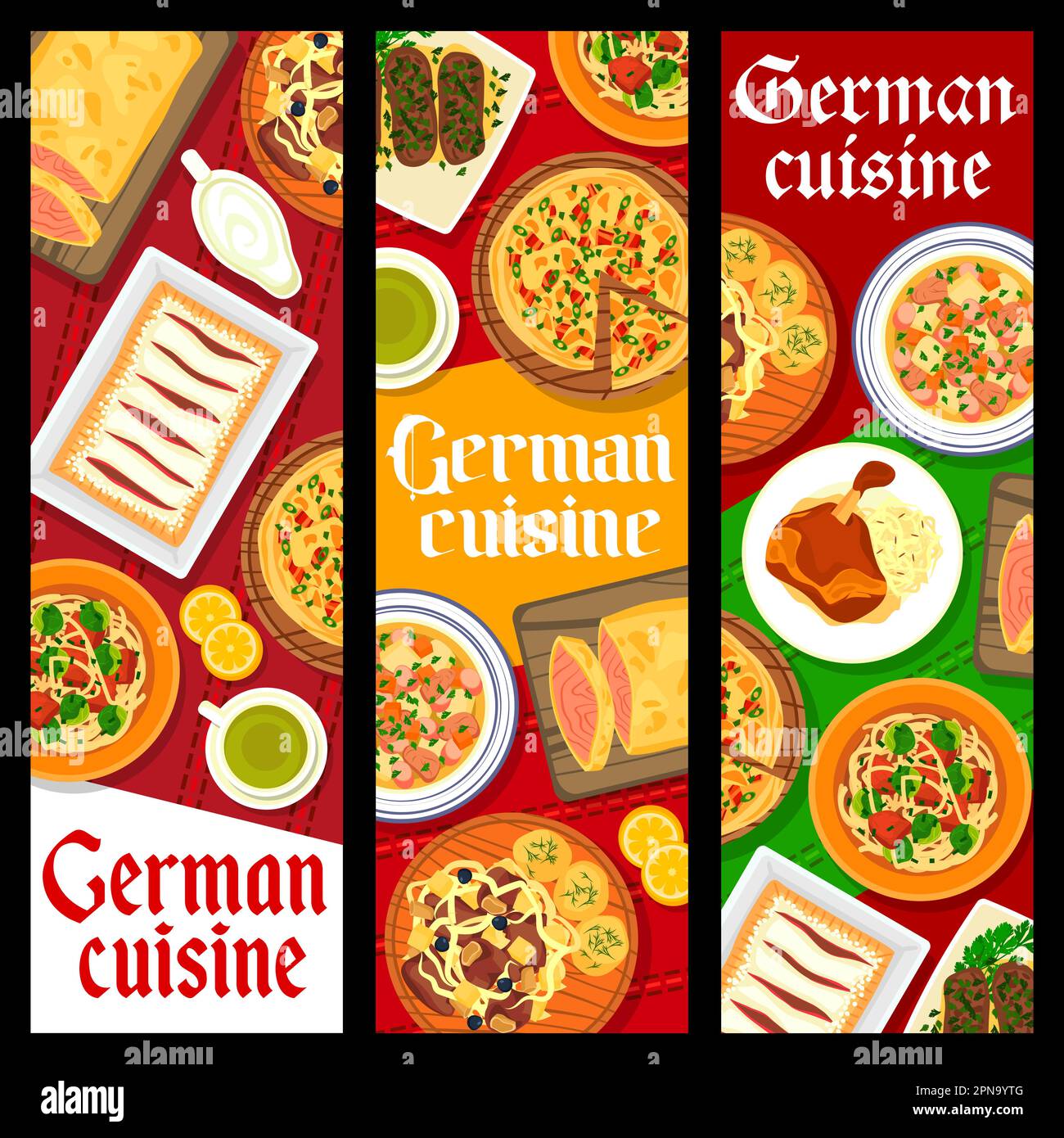 German cuisine restaurant dishes banners. Noodles with brussel sprouts ...