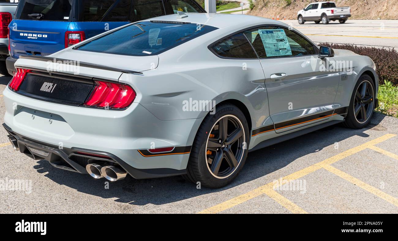 A new, gray Ford Mustang coupe for sale at a dealership in Monroeville ...