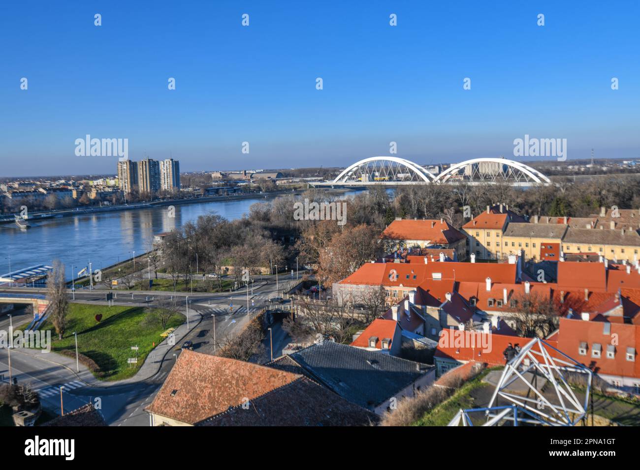 Novi Sad: panoramic view with Zezelj Bridge, Danube River, rooftops ...