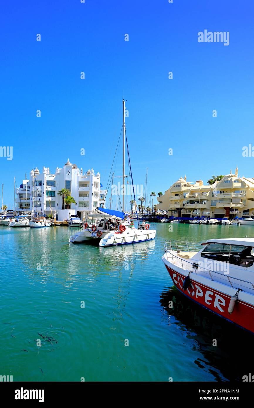Malaga Benalmadena Yacht Marina spectacular white buildings with palm ...