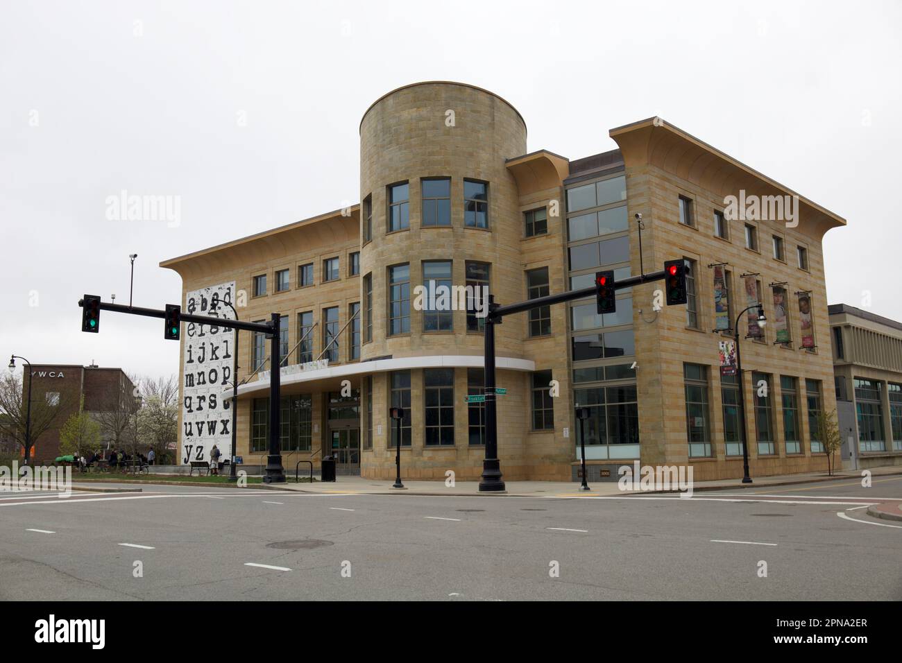 Exterior of Worcester Public Library (main branch) with street lights and road in Worcester ...