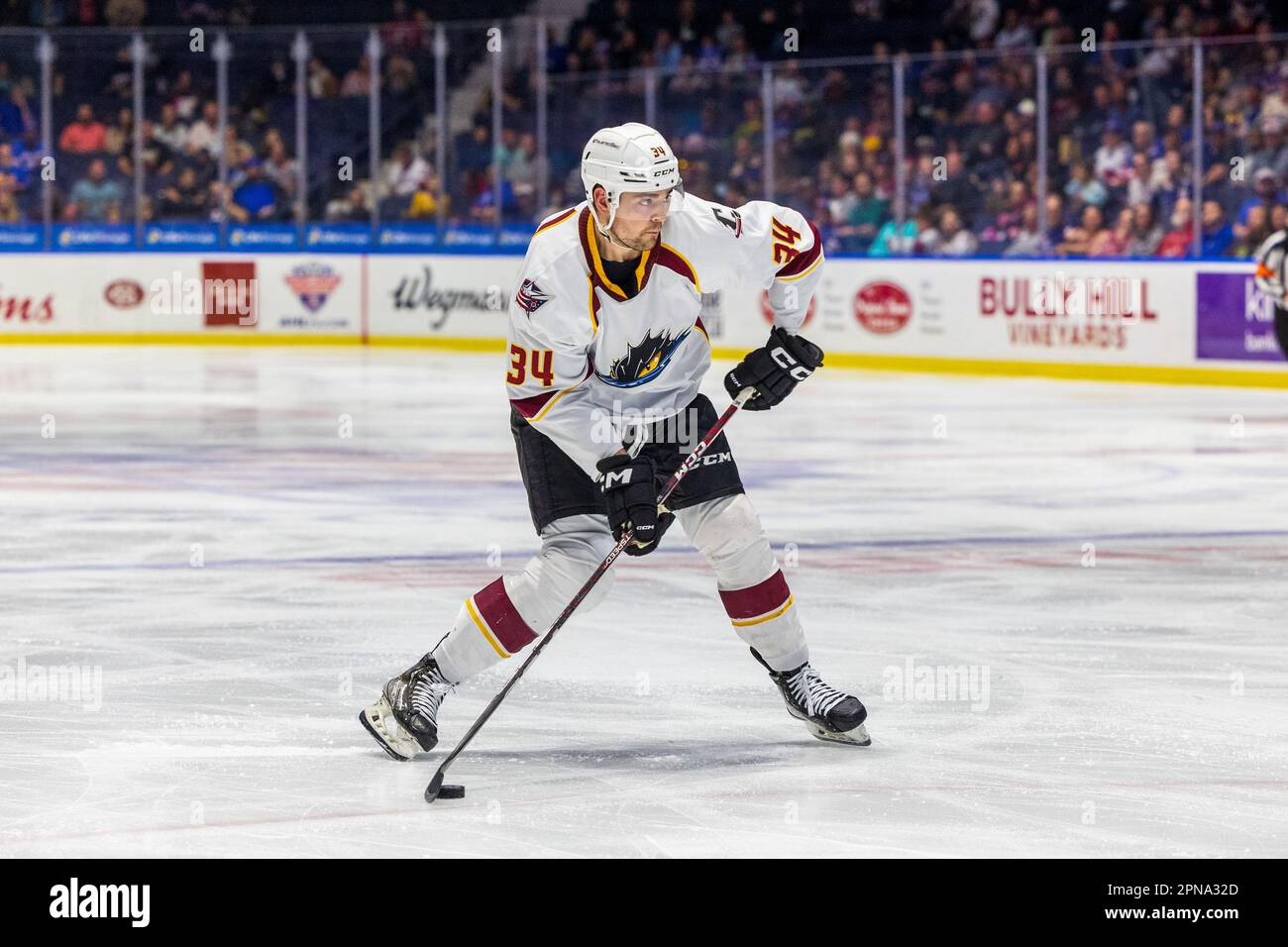 April 15, 2023: Cleveland Monsters defenseman Cole Clayton (34) takes a shot in the first period ...