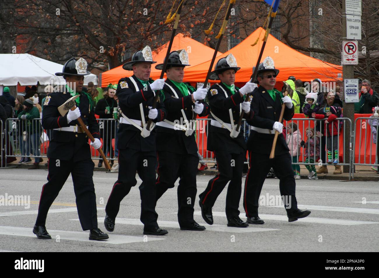 On a cold Saturday morning in St. Louis, Missouri, USA parade goers ...