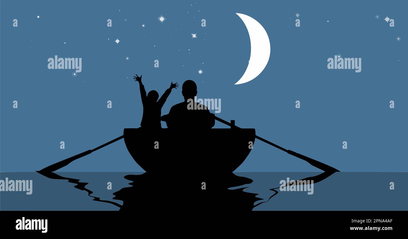 A father and son are seen in a row boat at night under the moon and ...