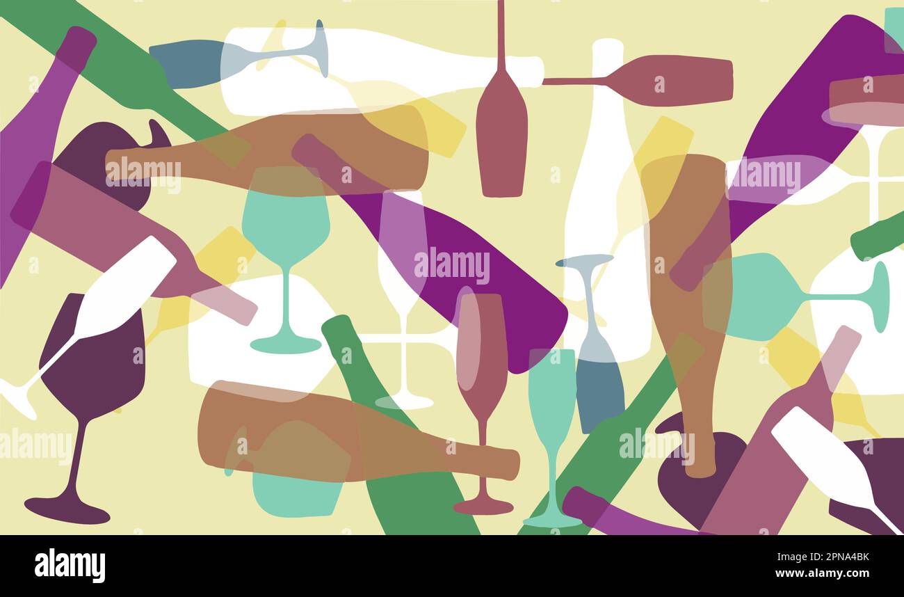 Flying bottles and wineglass make a colorful vector background image ...