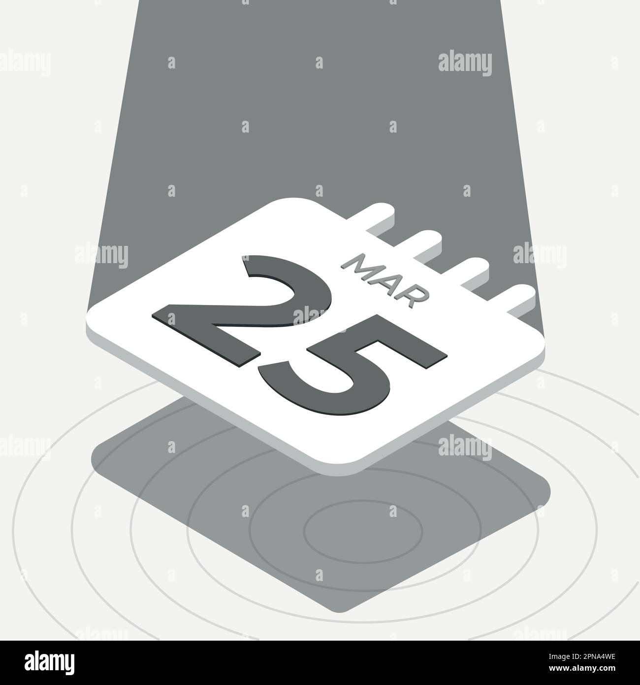 March 25 - Black and white 3D calendar floating with spotlight on white ...