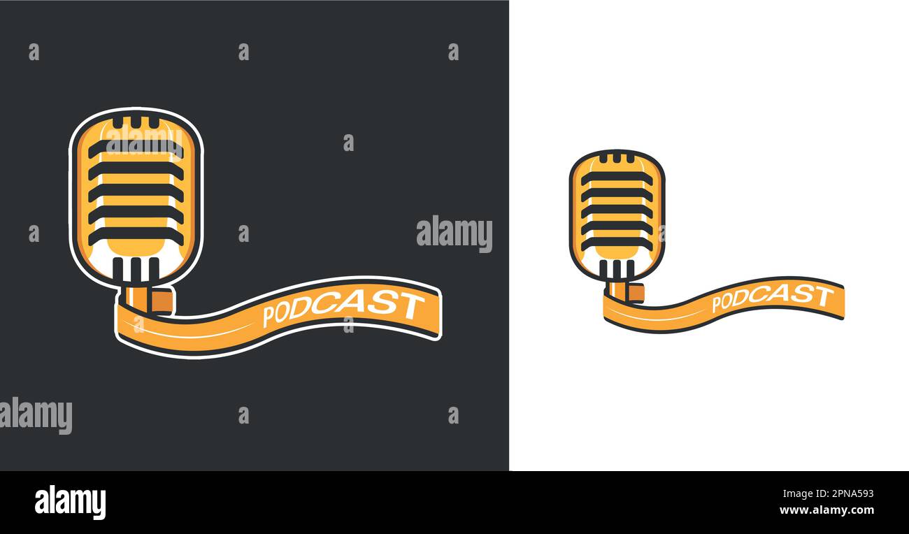 Podcast logo template with microphone and banner in yellow color Stock ...