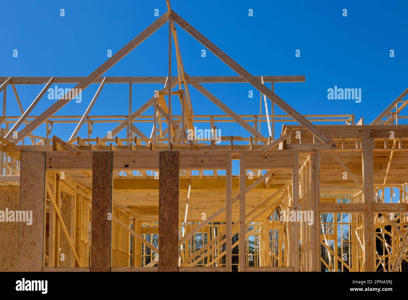 There are beams of wood stick framing in the construction site a new ...