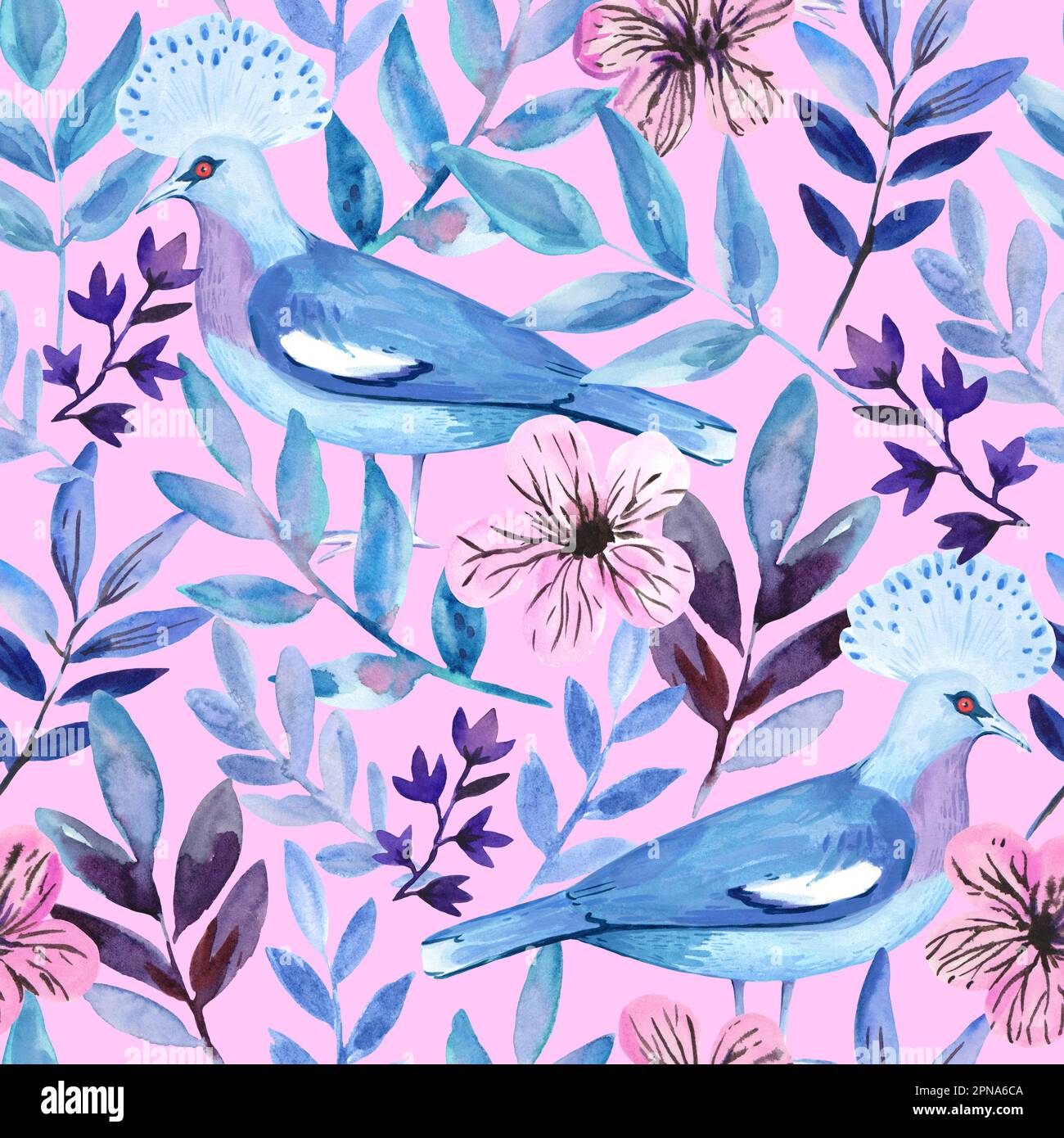 Watercolor seamless pattern with cute pink flowers and blue crowned ...