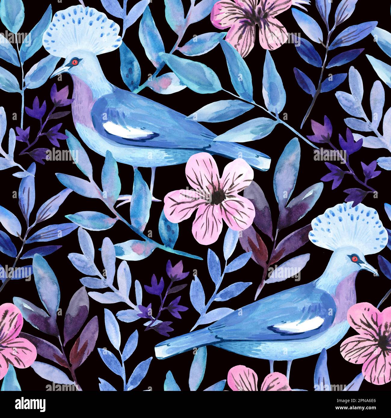 Watercolor seamless pattern with cute pink flowers and blue crowned ...