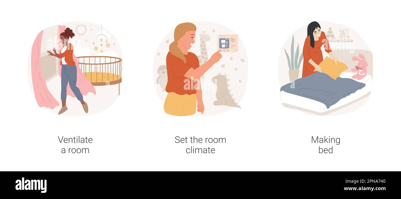 Bedroom preparation isolated cartoon vector illustration set. Before ...