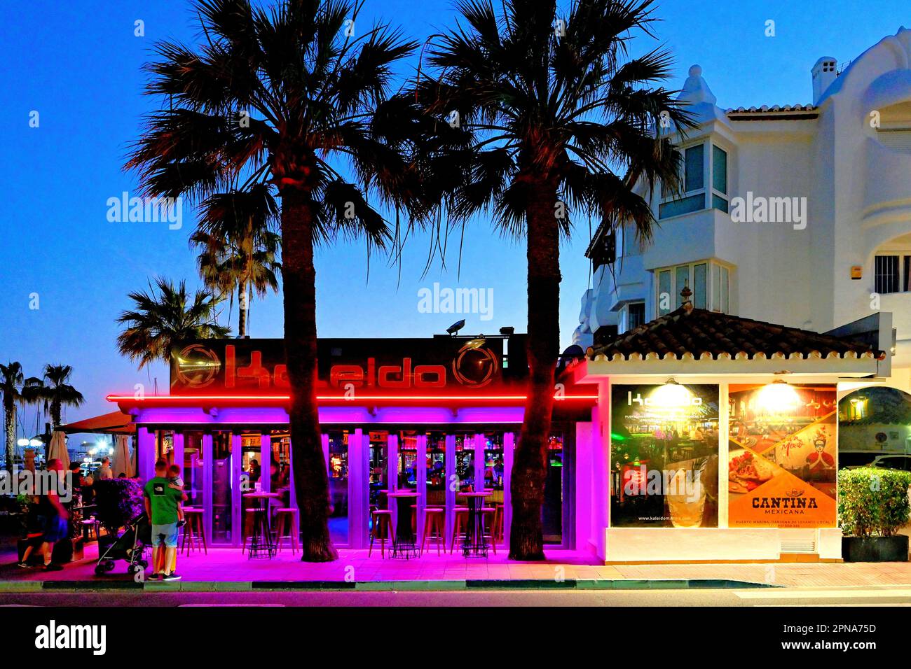 Malaga Benalmadena Yacht Marina with palm trees bars and deep blue ...