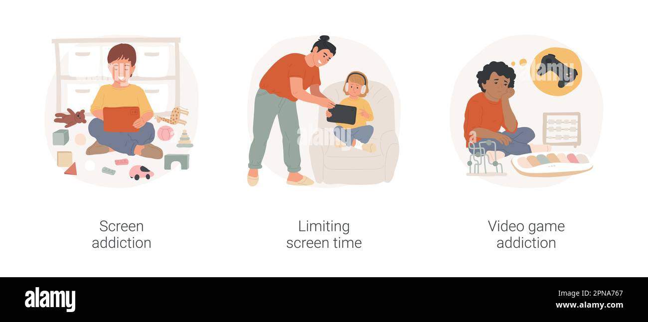 Digital addiction isolated cartoon vector illustration set. Screen ...