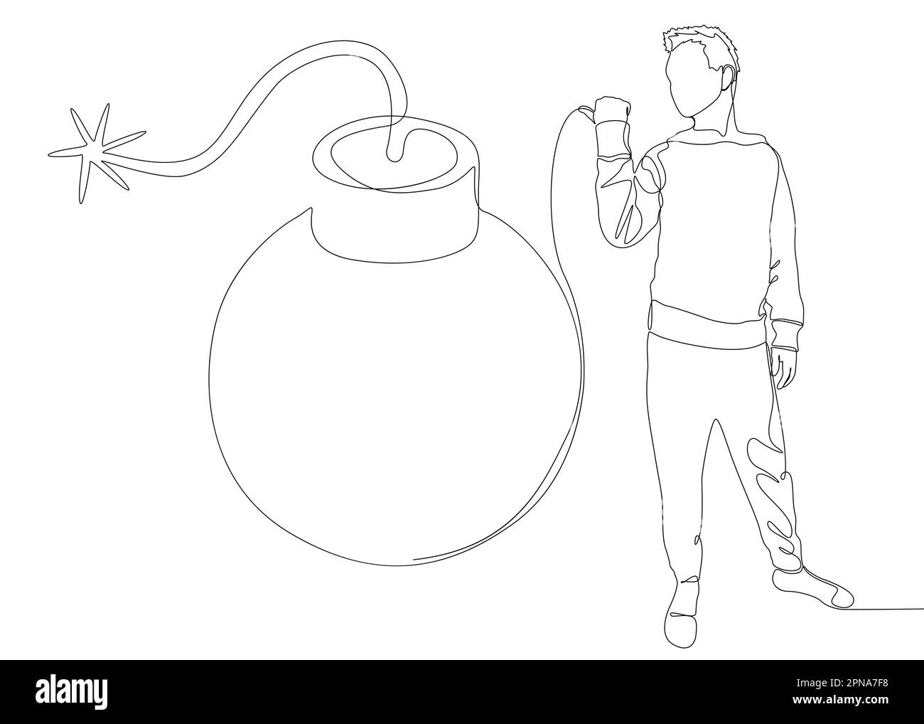 One continuous line of Man pointing with finger at Bomb. Thin Line ...