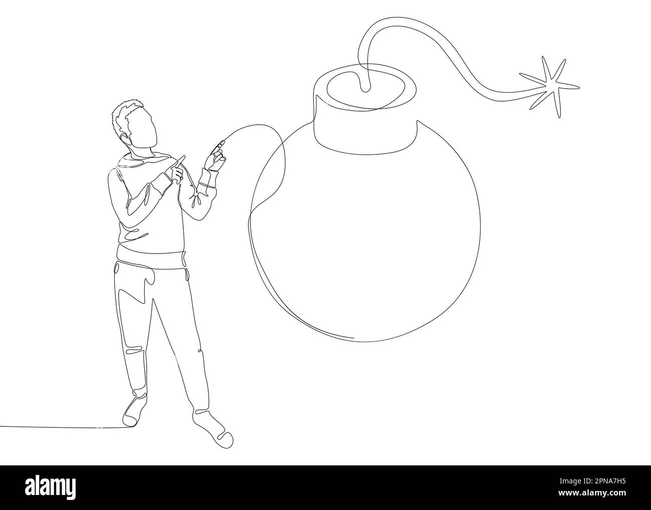 One continuous line of Man pointing with finger at Bomb. Thin Line ...