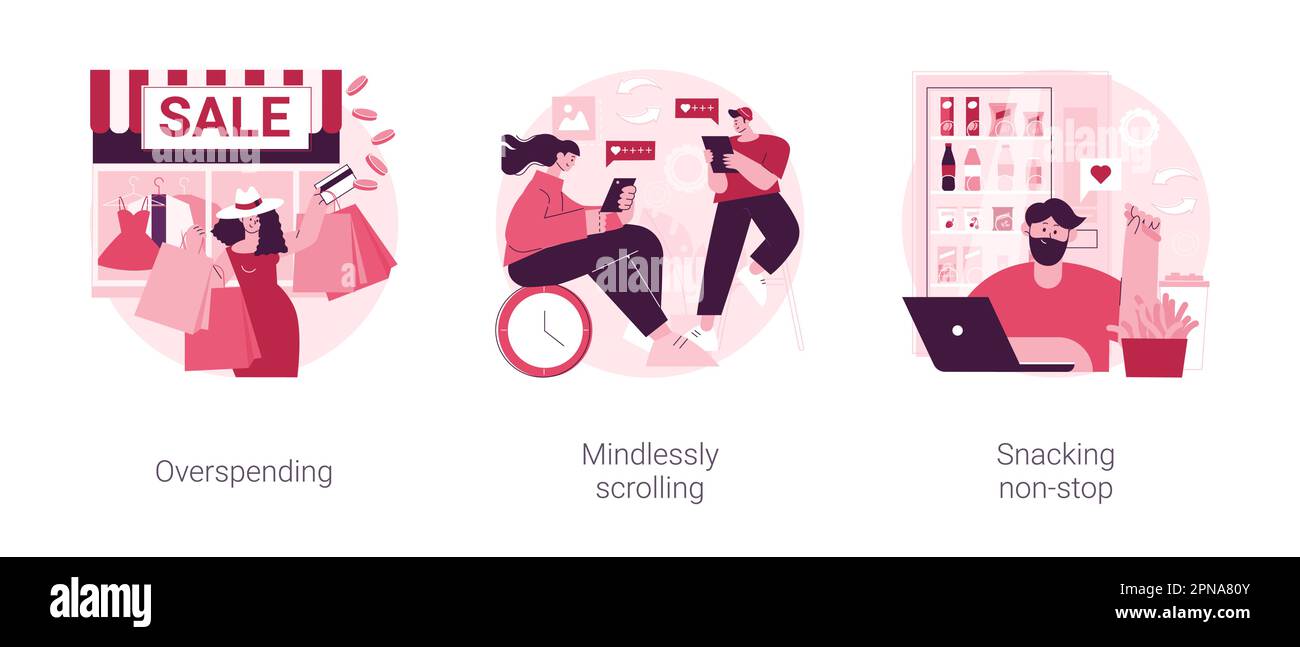 Addictive habits abstract concept vector illustration set. Overspending, mindlessly scrolling ...