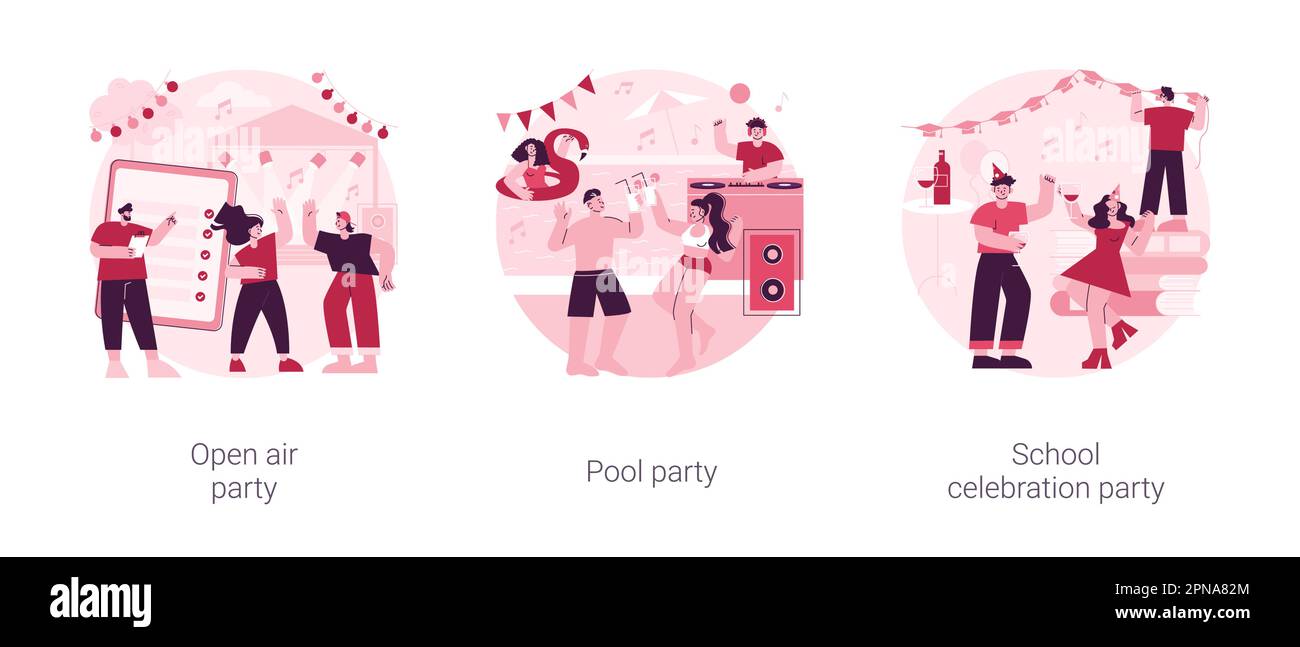 Event planning abstract concept vector illustration set. Open air pool ...
