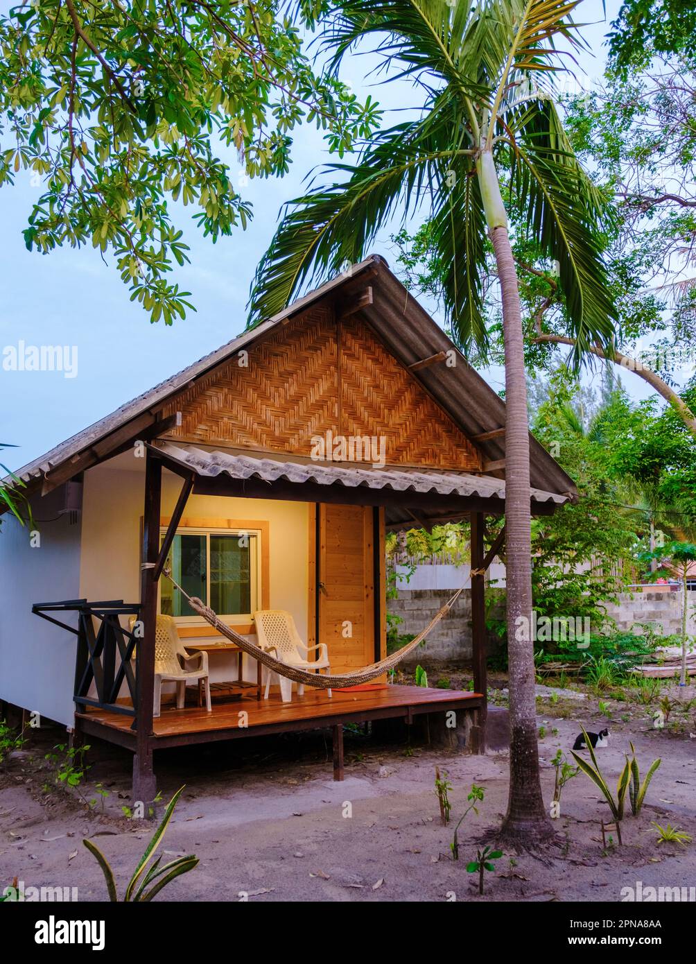 bamboo hut bungalows on the beach in Thailand. simple backpacker ...