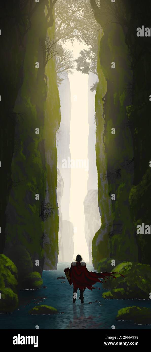 Fantasy landscape scenery knight look at narrow path. Beautiful ...