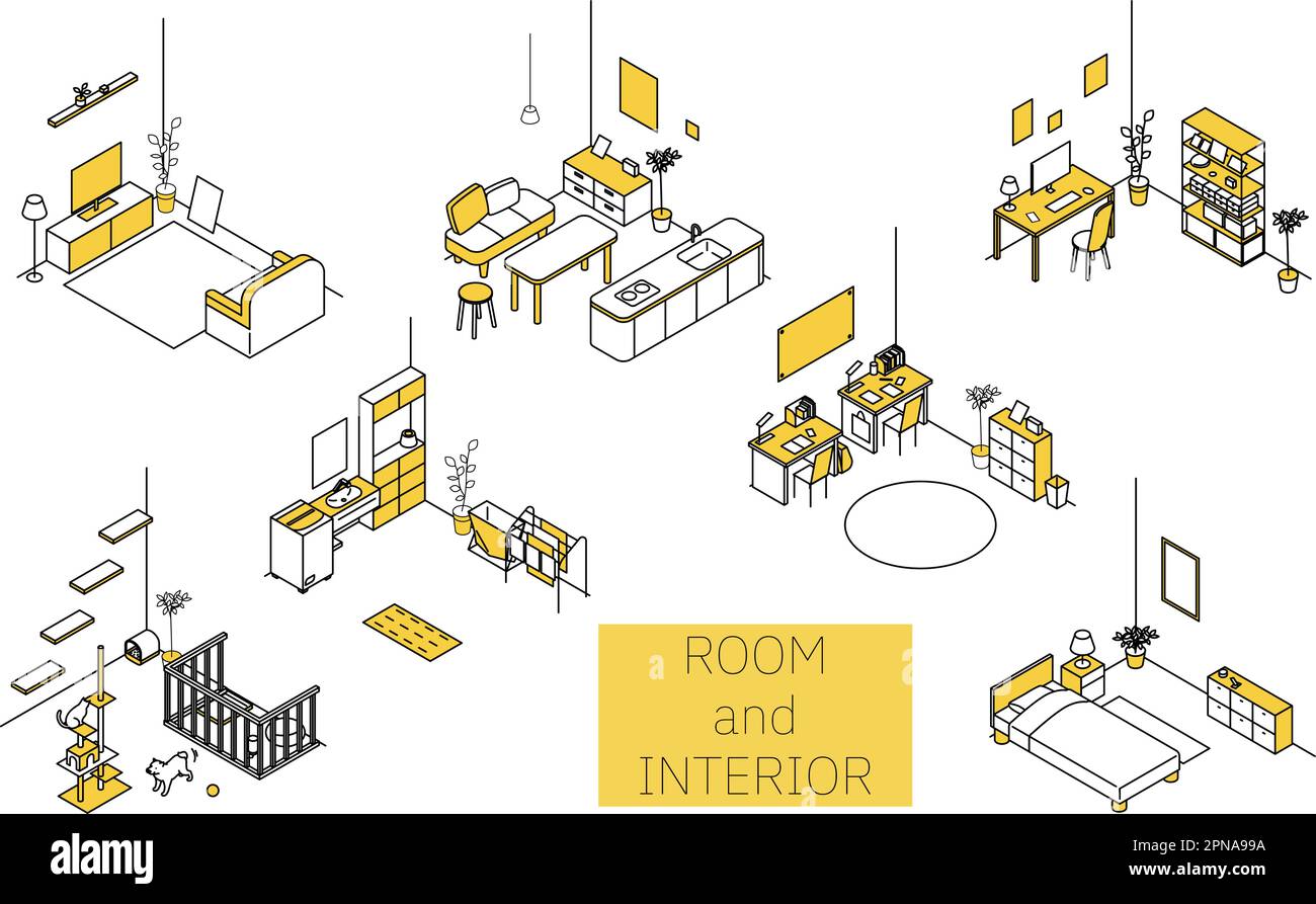 Finding a room for rent: various rooms, simple isometric illustration ...